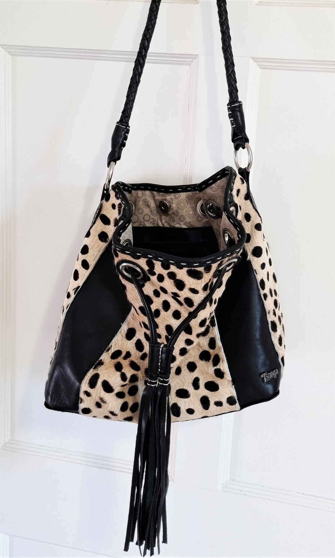 Tsonga designer leather and leopard bucket bag The Frockery